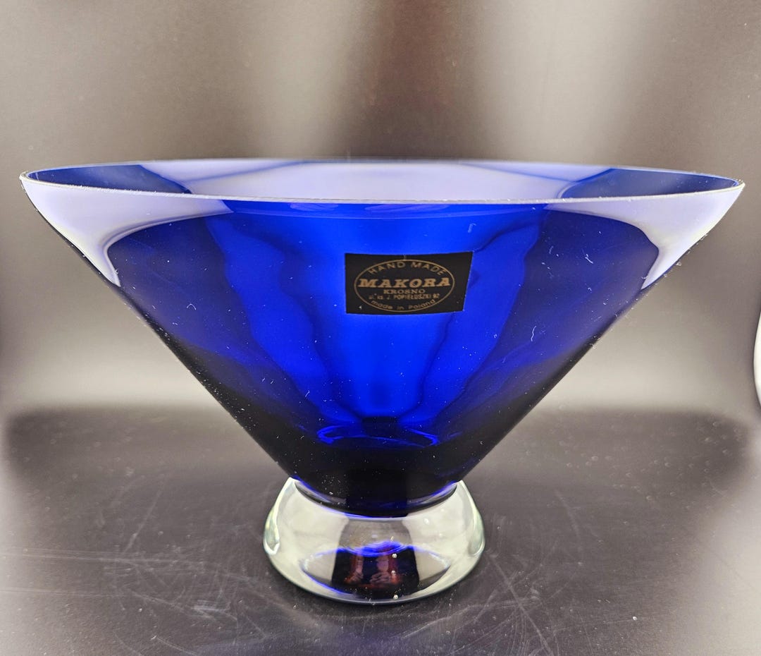 Vtg Makora Krosno Cobalt Blue Glass Vase Hand Made in Polland W ...