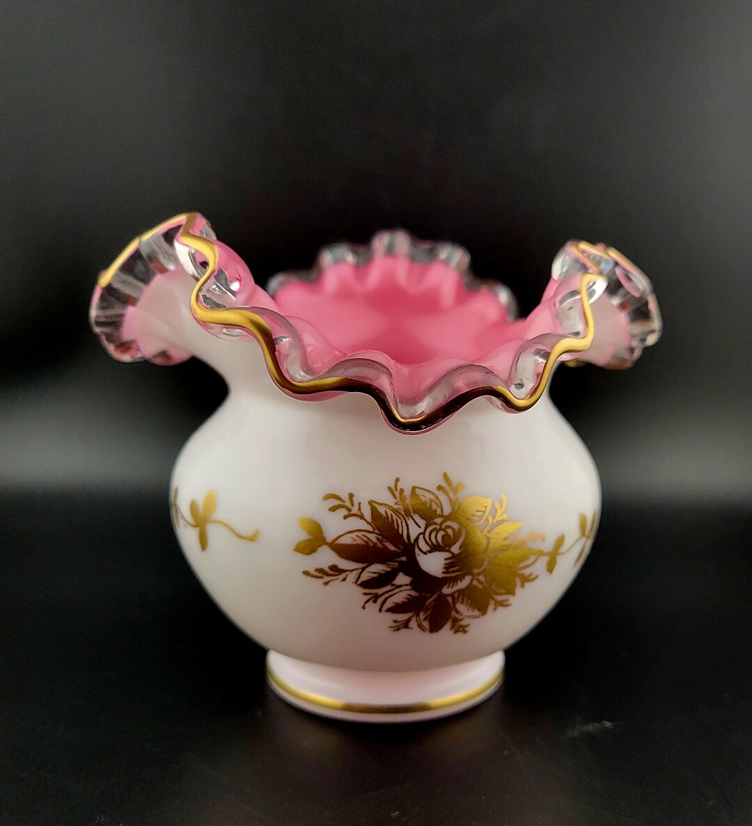 Vtg Fenton Peach Crest Charleston Melon Vase Hand Painted Gold Floral ...