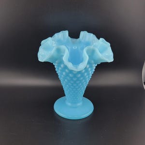 Fenton Blue Milk Glass Hobnail Footed Crimped Vase, Fenton Hobnail Milk Glass, Fenton Crimped ...