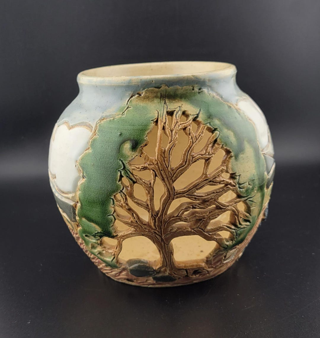 Pottery Votive Holder With Tree Design, Signed Pottery, Tree Cut Out ...