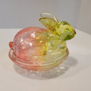 Glass Bunny on Basket Candy Dish, Pink and Yellow Glass Bunny, Bunny in ...