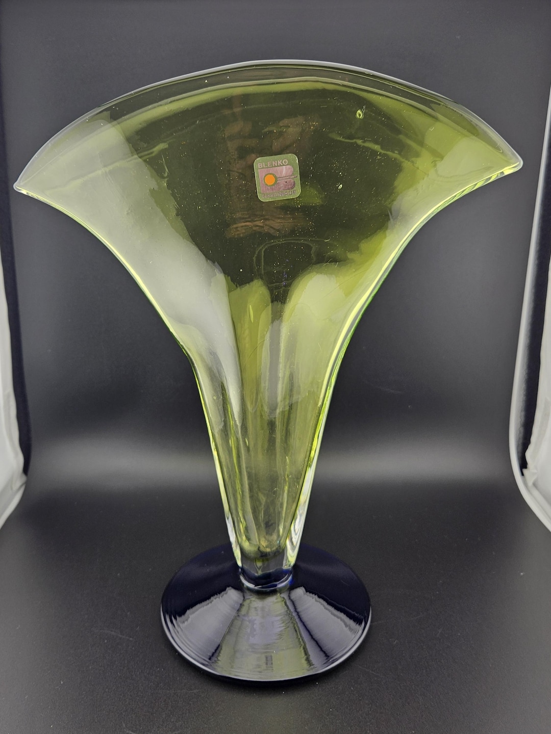 Blenko Fluted Green Cobalt Blue Fan Art Glass Wave Vase 2003 ...
