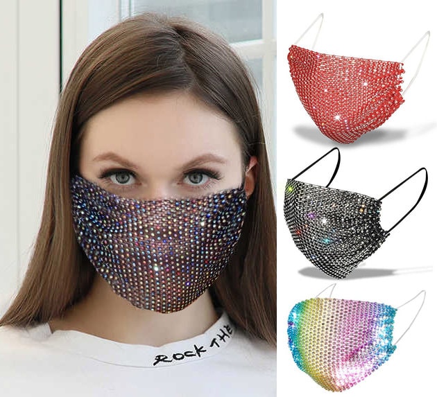 3 Rhinestone Face Masks | Adult Sparkly Face Mask Cover | Crystal Bling ...
