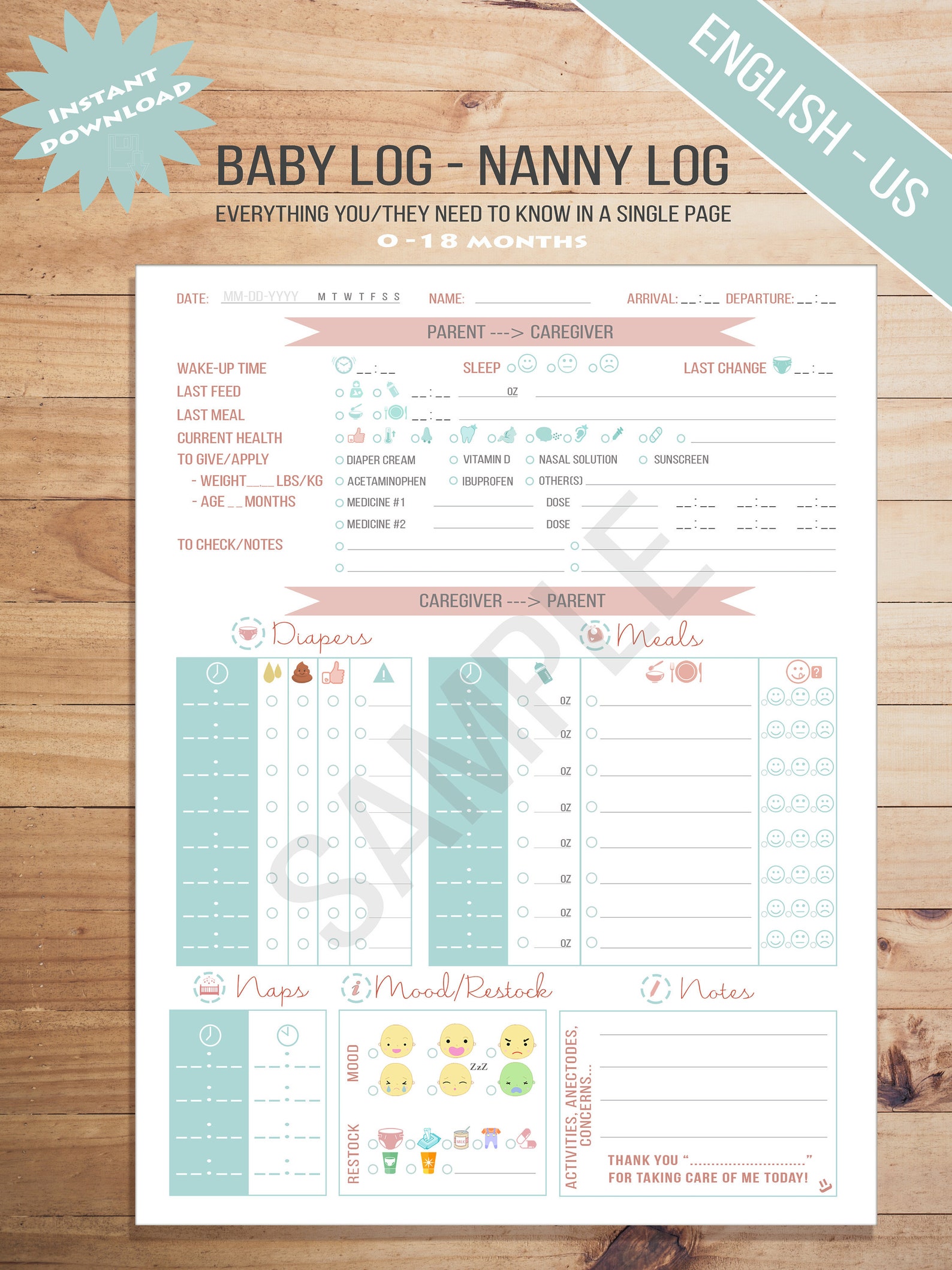 Printable BABY & NANNY Log - Schedule/tracker - Reports Meals/naps ...