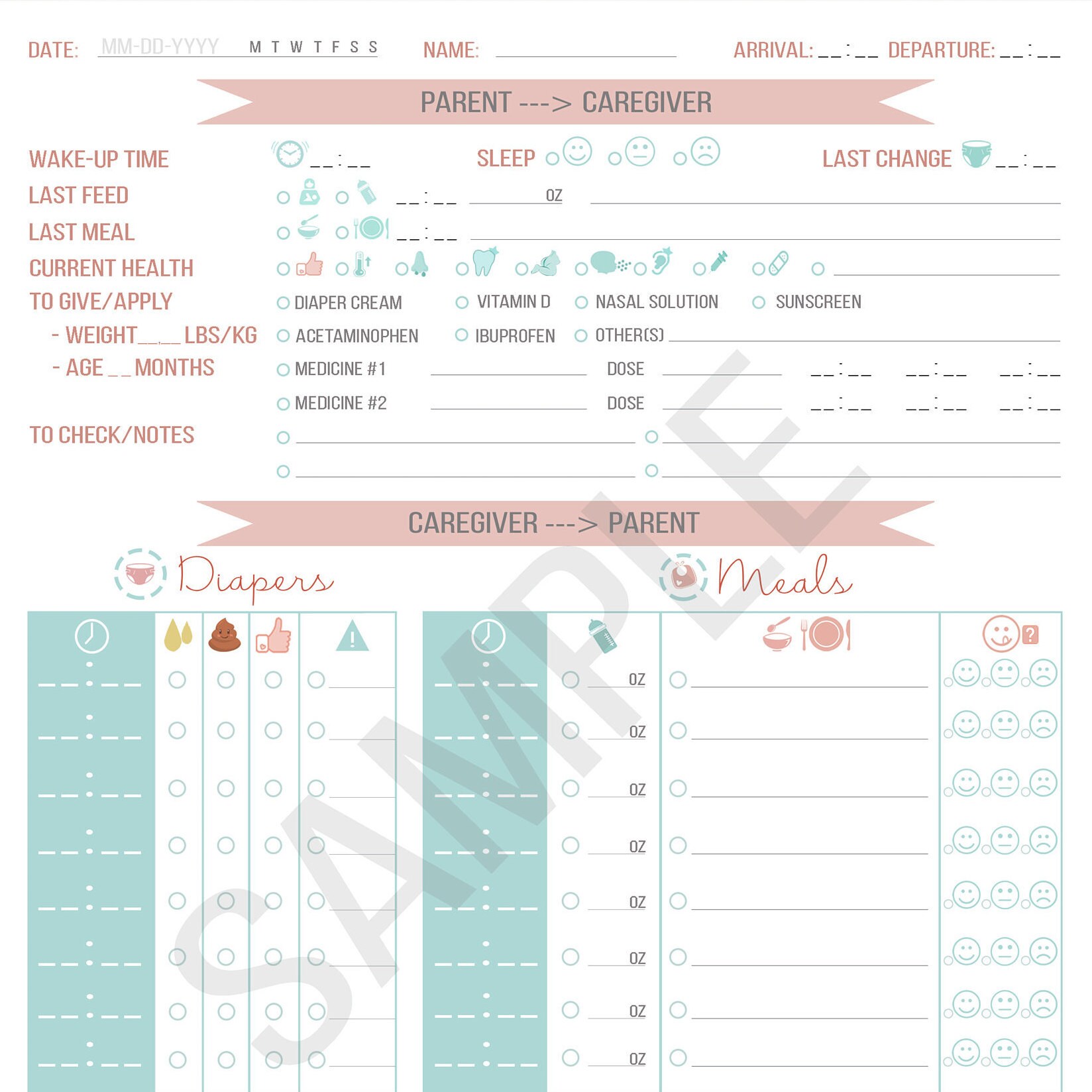 Printable BABY & NANNY Log - Schedule/tracker - Reports Meals/naps ...