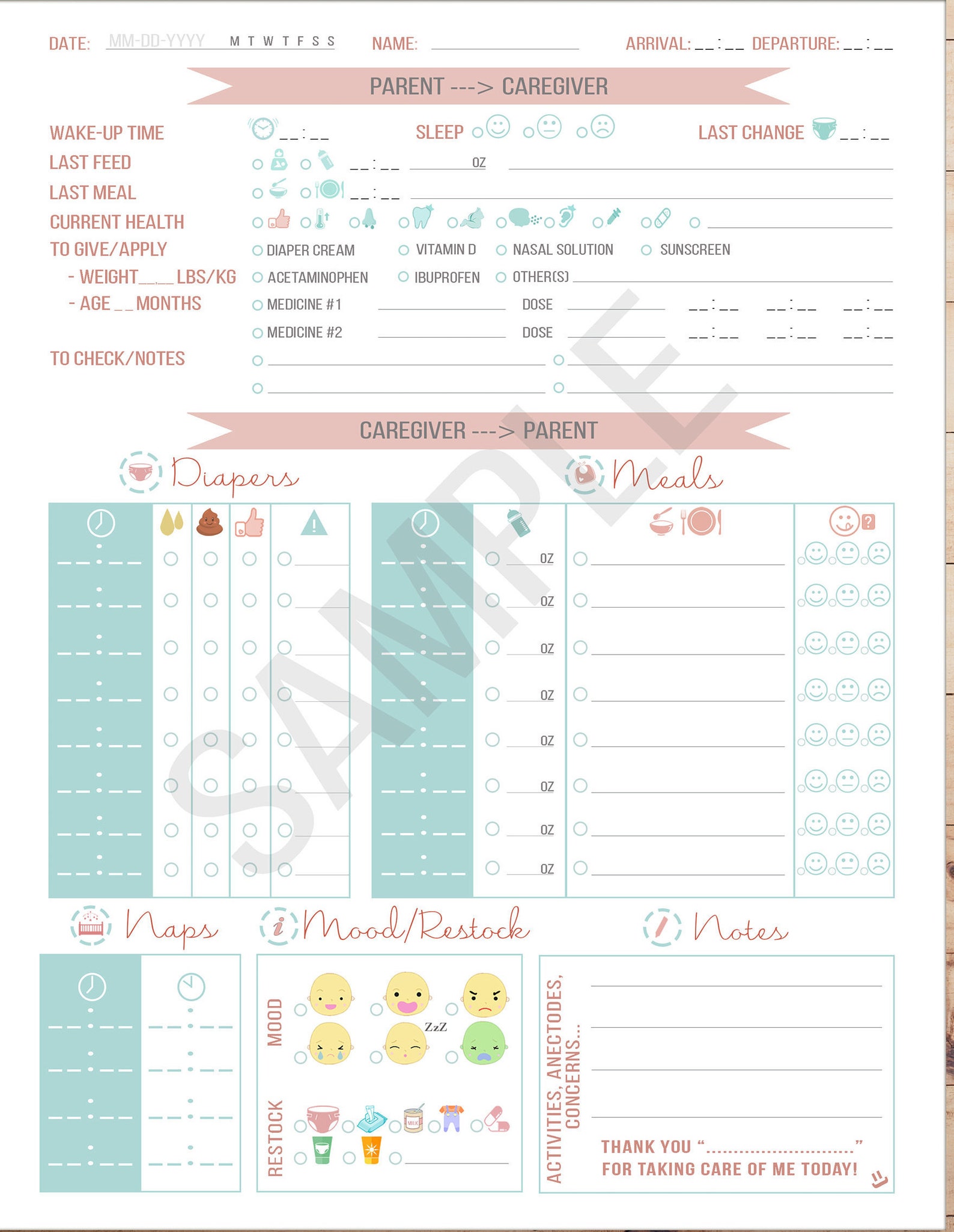 Printable BABY & NANNY Log - Schedule/tracker - Reports Meals/naps ...