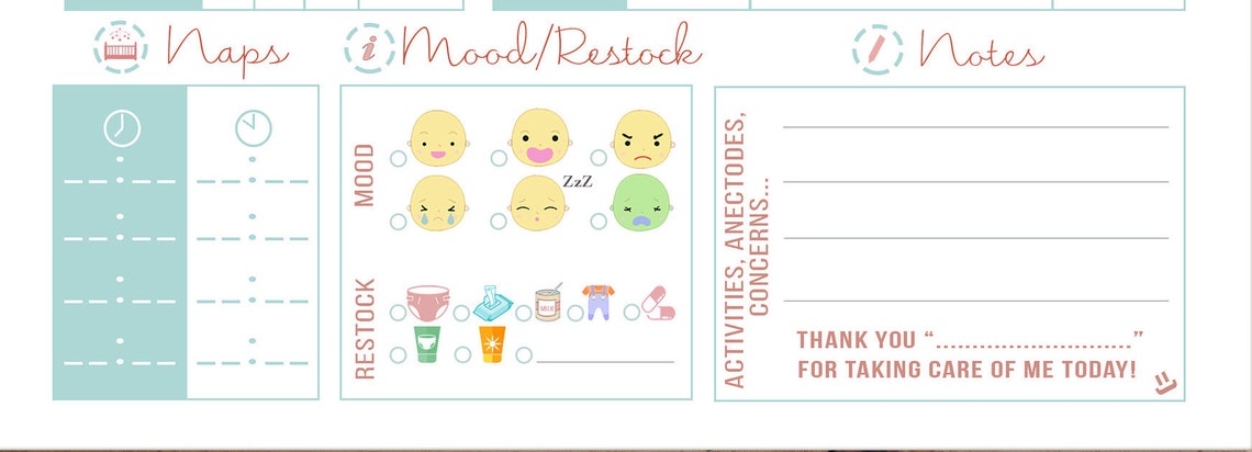 Printable BABY & NANNY Log - Schedule/tracker - Reports Meals/naps ...