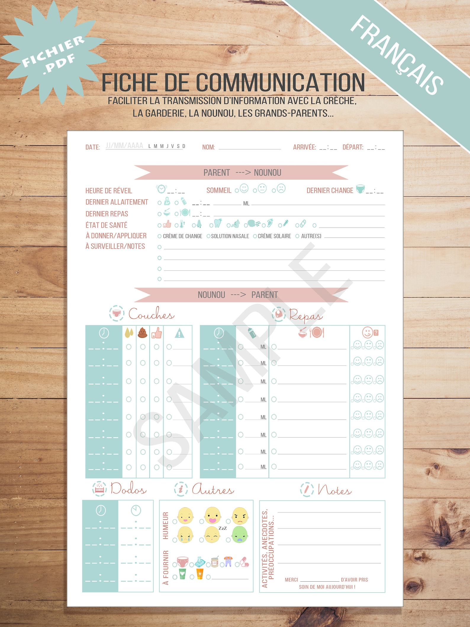 Fiche Transmission/Communication Simplifié Bébé - Suivi Routine - Repas ...