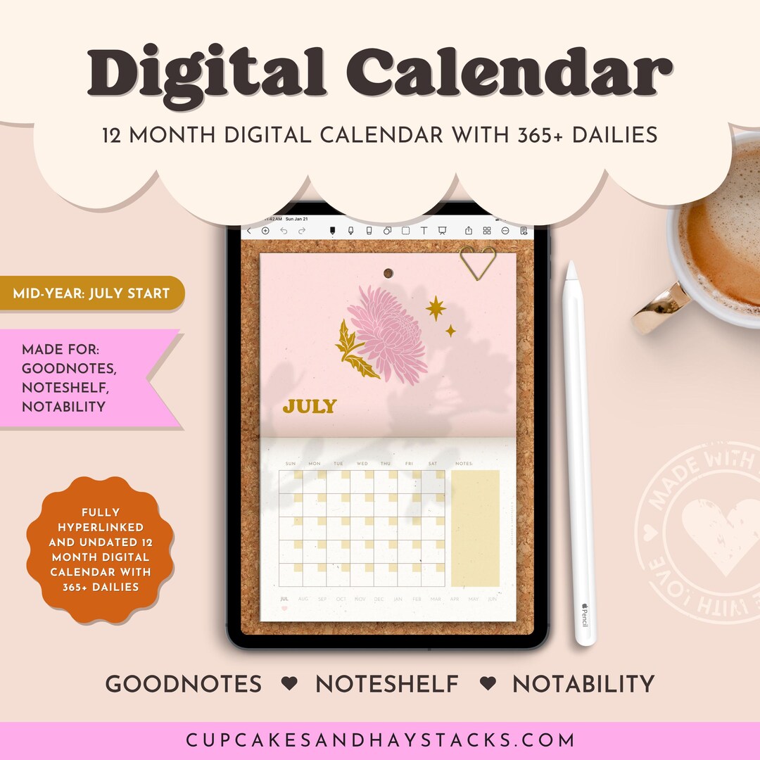 Undated Digital Calendar: Mid-year July Start, 12 Month Digital Planner ...