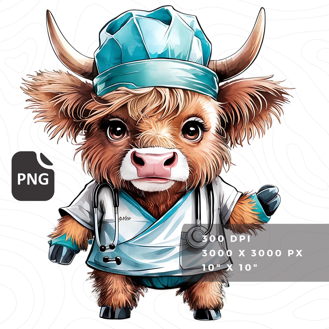 Nurse Highland Cow PNG, Cute Cow Clipart, Farm Animal Art (digital ...