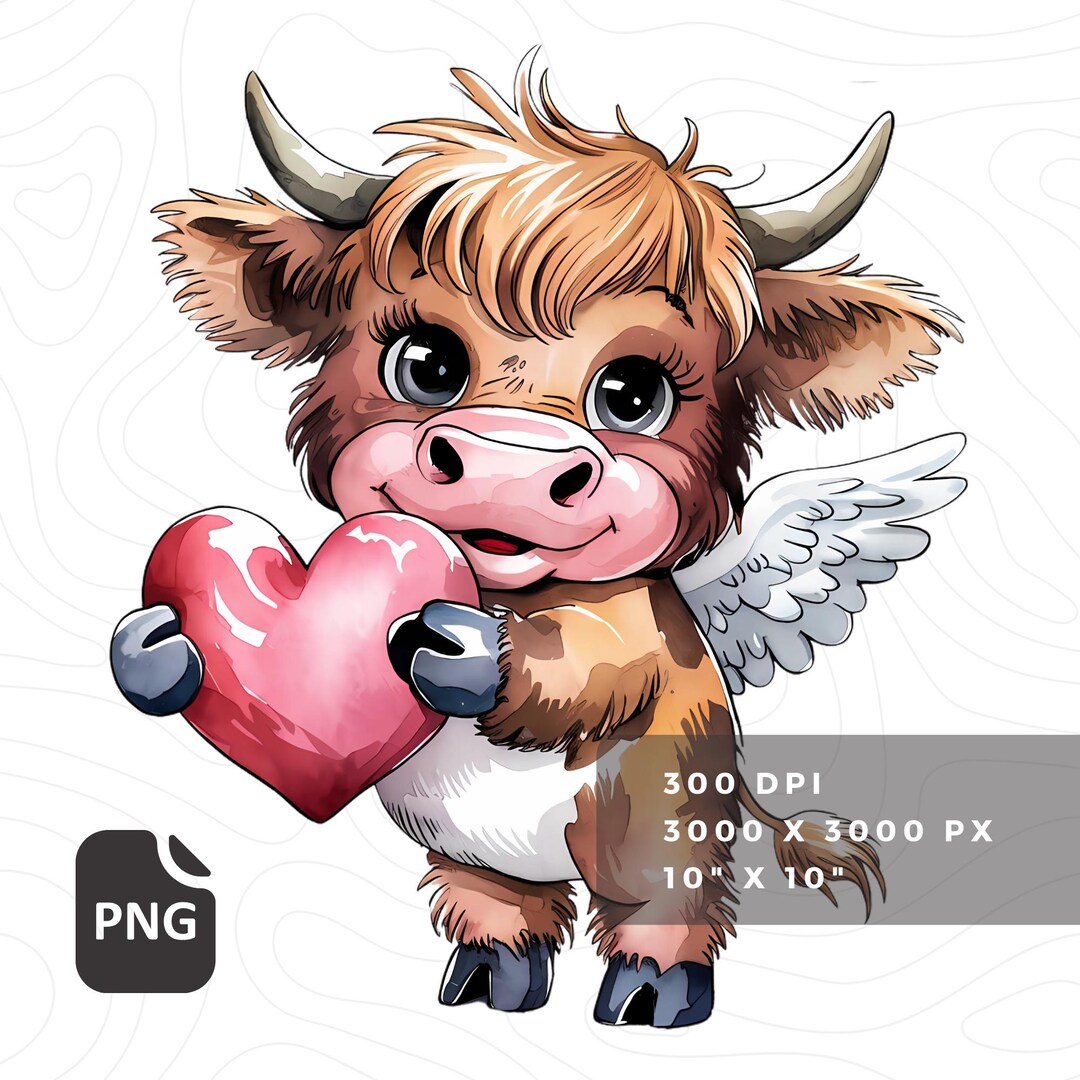 Valentines Day Highland Cow Png for Shirt, Cupid Heart Baby Highland ...