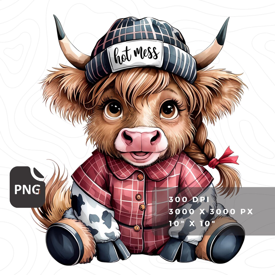 Hot Mess Highland Cow Png Sublimation Design for Shirt, Mug, Kawaii ...