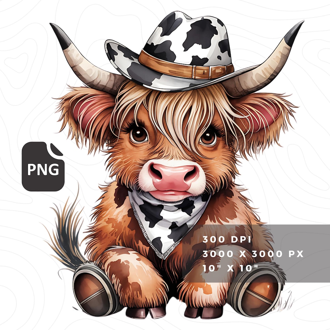Cowboy Highland Cow PNG, Watercolor Clipart, Cowprint Stickers (digital ...