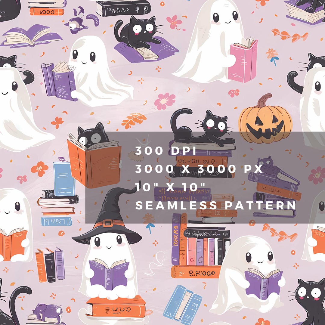 Kawaii Ghost Reading Books Seamless Pattern | Pastel Halloween PNG for ...