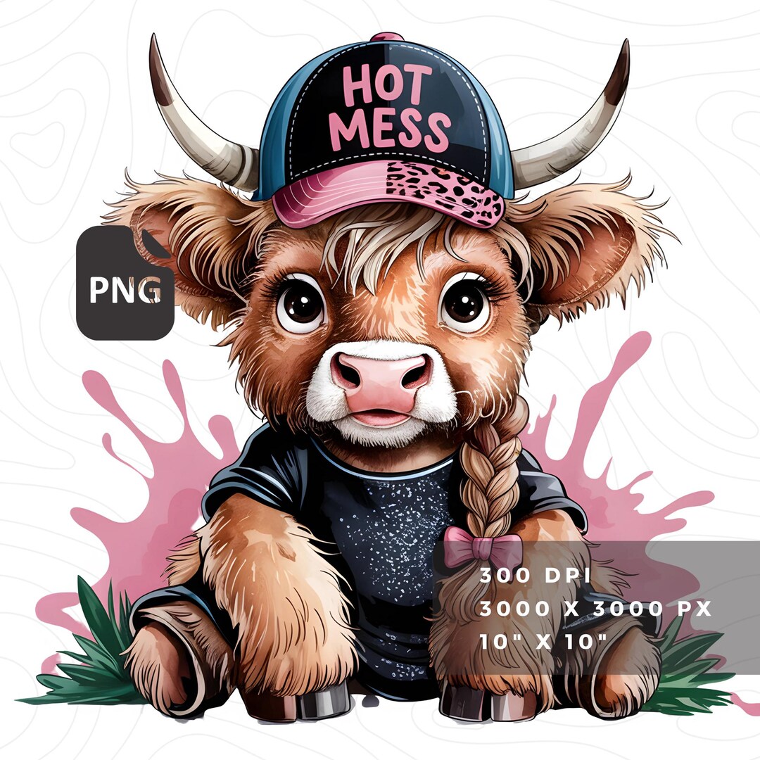 Hot Mess Baby Highland Cow PNG | Cute Cow Sublimation Design for Shirts ...