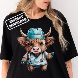 Nurse Highland Cow Png Sublimation Design, Nursing Png, Baby Highland ...