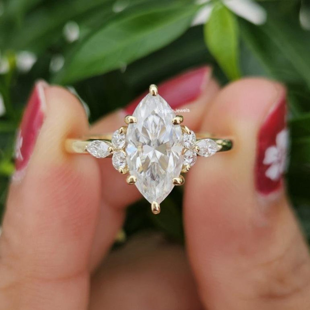 Vintage 3 CT Marquise Cut Cluster Engagement Ring Moissanite Diamond Wedding Ring 18K Solid Gold ...
