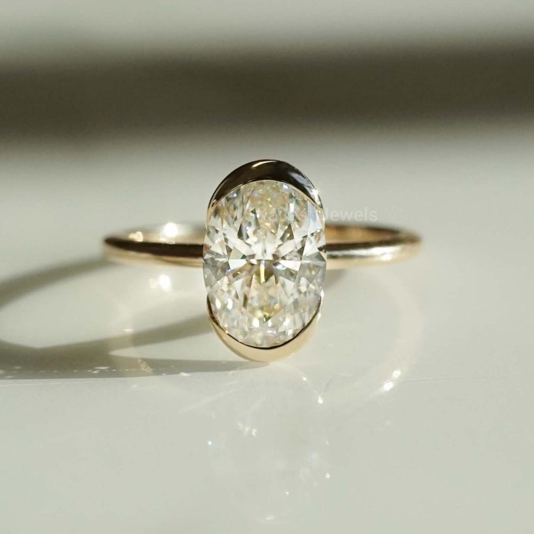 3 CT Fancy Half Bezel Setting Oval Moissanite Engagement Ring, 14K ...