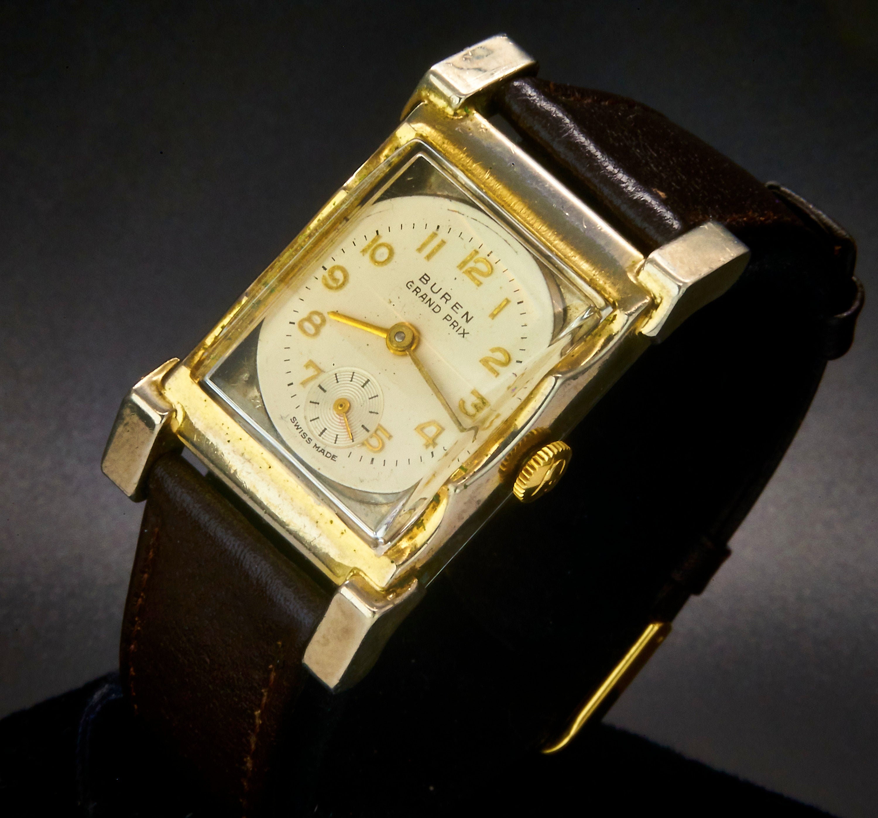 One-Of-A-Kind 1950s Buren Grand Prix Gold Tank Watch • Vintage Mid ...