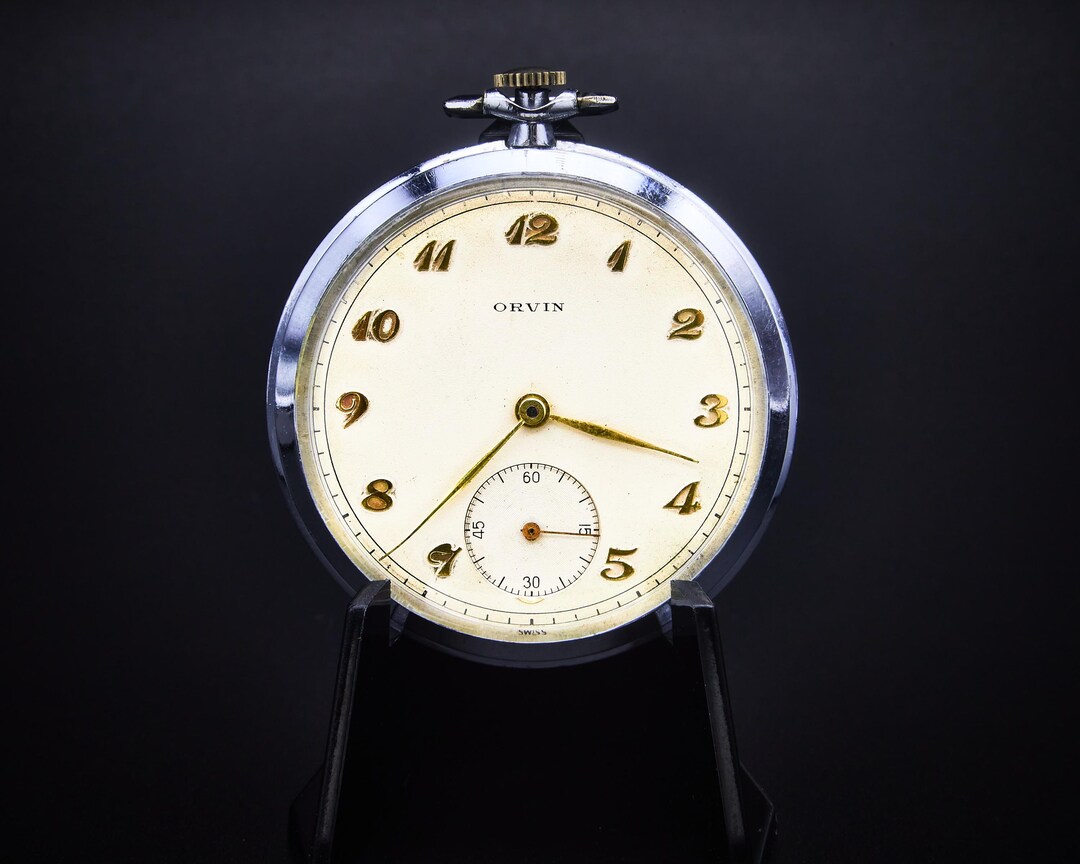Vintage 1950s Orvin Open Face Pocket Watch, Silver-tone Round Case ...