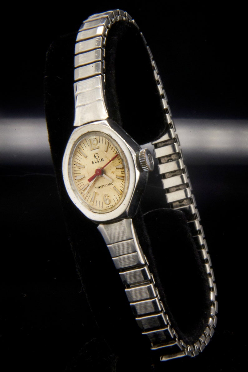1970s Elgin "swissonic" Shiny Silver Bracelet Cocktail Watch, Expansion ...