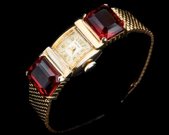 1960s Sheffield Ladies Bracelet Cocktail Watch, Red G… - Gem