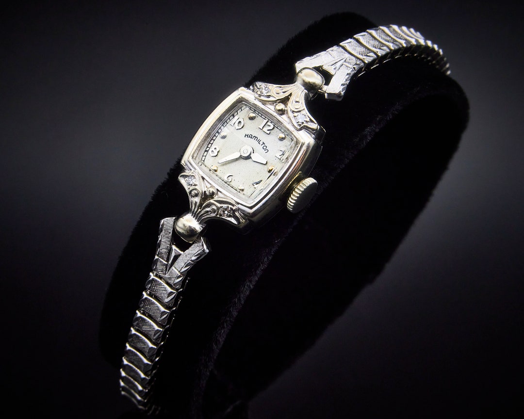 Hamilton "lady Hamilton D4" Cocktail Watch, Solid 14k White Gold With 4 ...