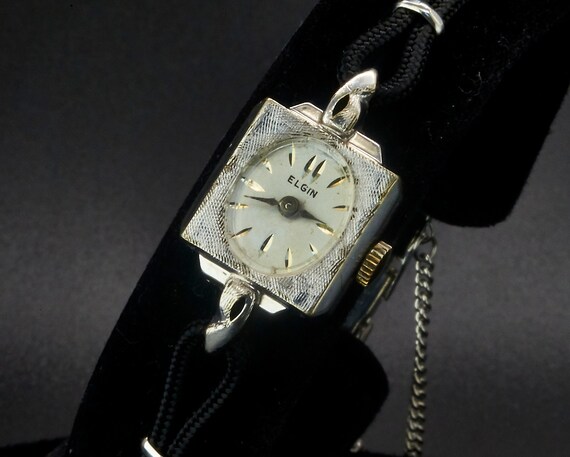 1950s Lady Elgin Square White Gold Filled Cocktail Wa… - Gem