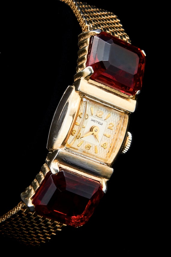 1960s Sheffield Ladies Bracelet Cocktail Watch, Red G… - Gem