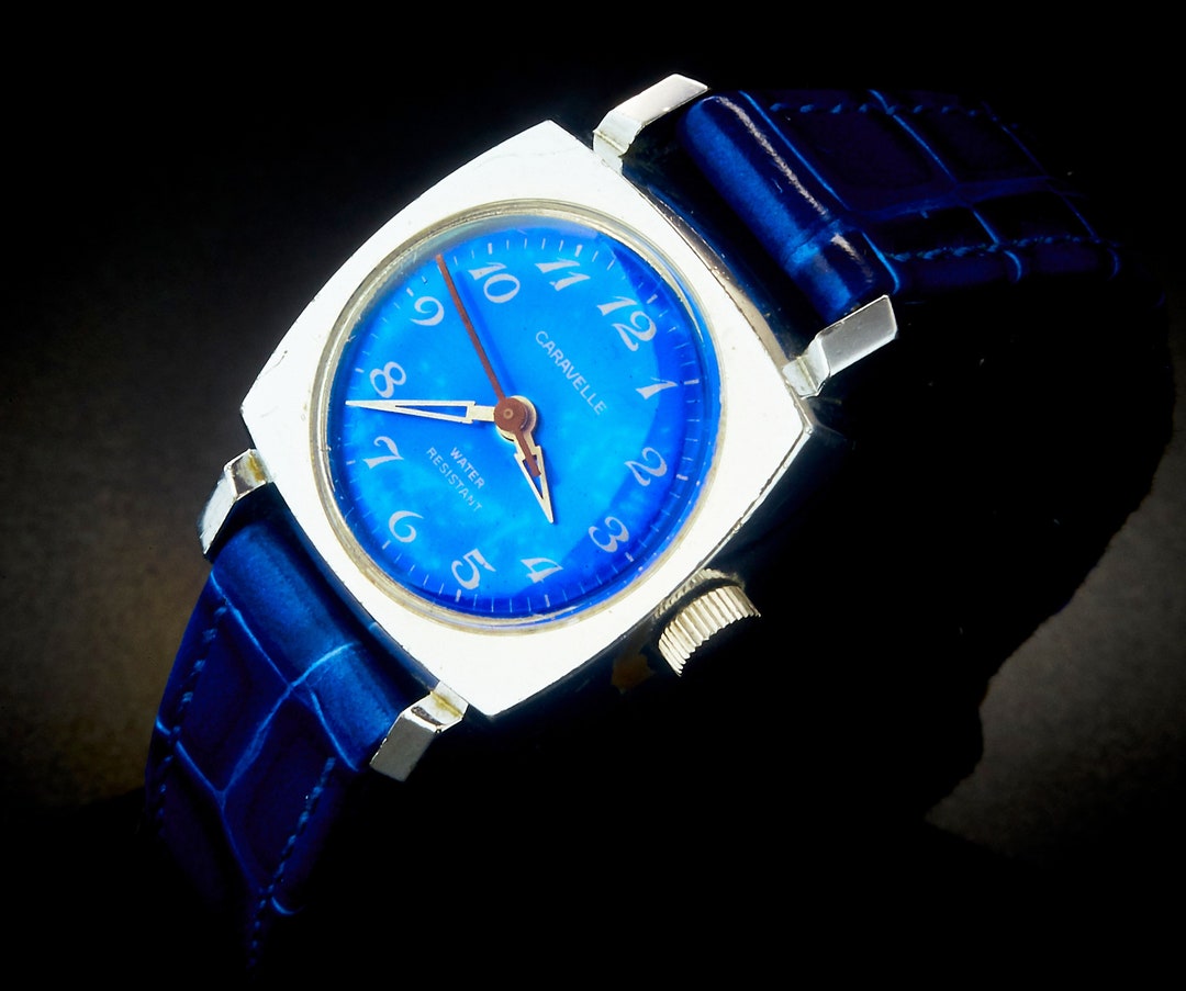 1972 Caravelle by Bulova Ladies Metallic Blue Watch, Hand Winding, Mid ...