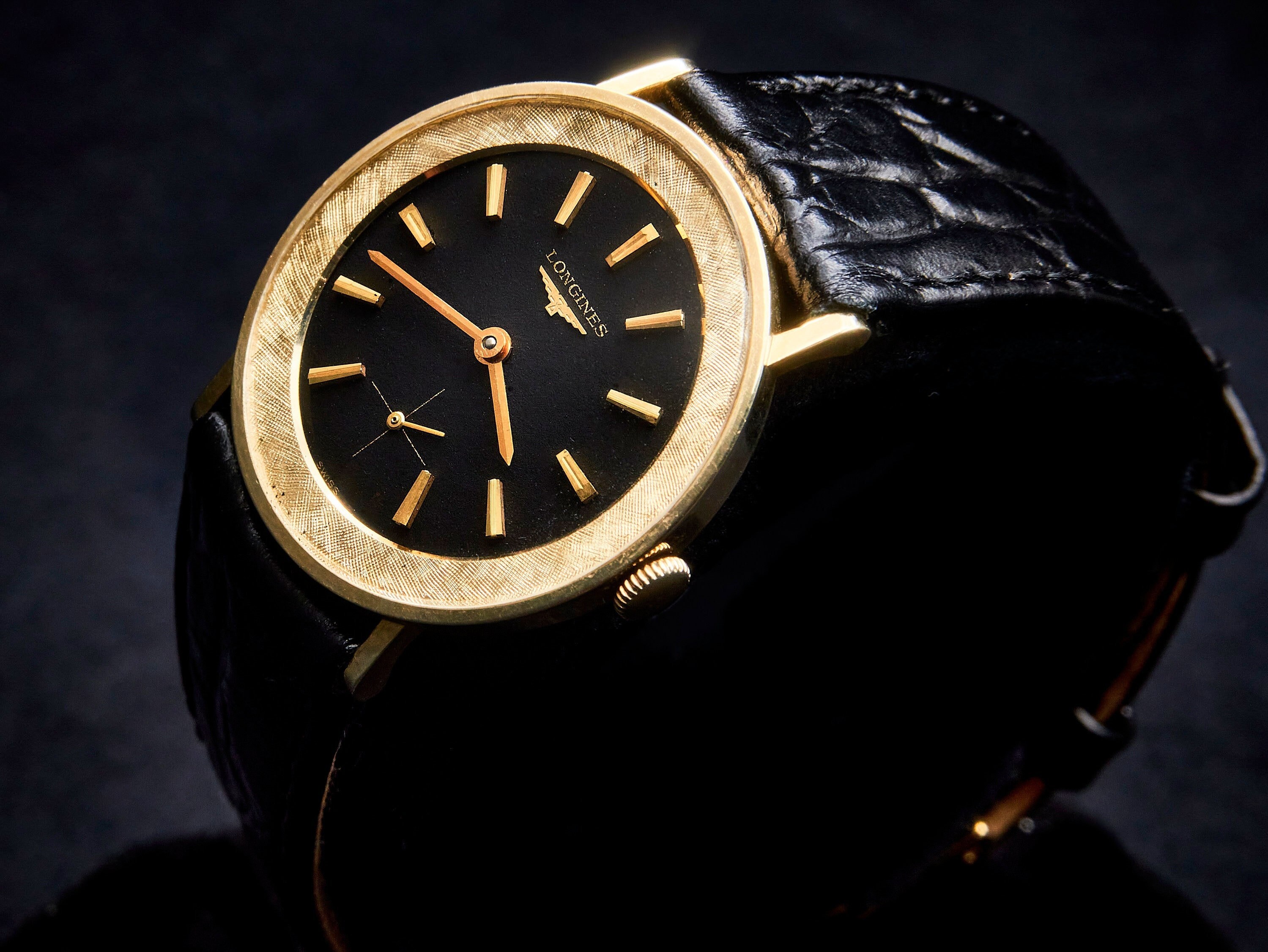 Minimalistic Longines Men's 14k Solid Yellow Gold Watch • Black Face ...