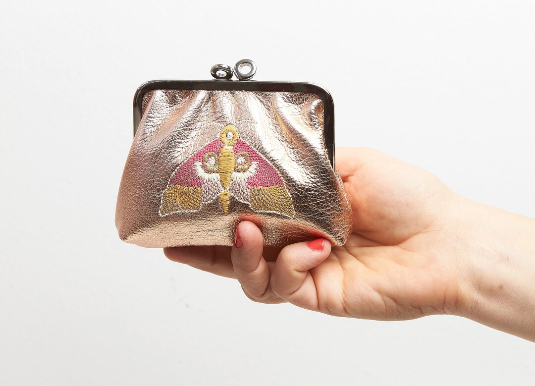 Leather Wallet Embroidered, Embroidery With Moths, Leather Wallet With ...