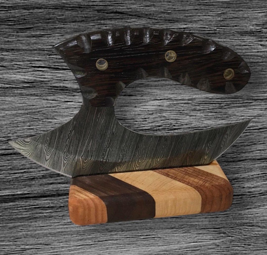 Exotic Dark Brown Twisted Wood Handle Ulu Knife 6.25 Damascus Blade W ...