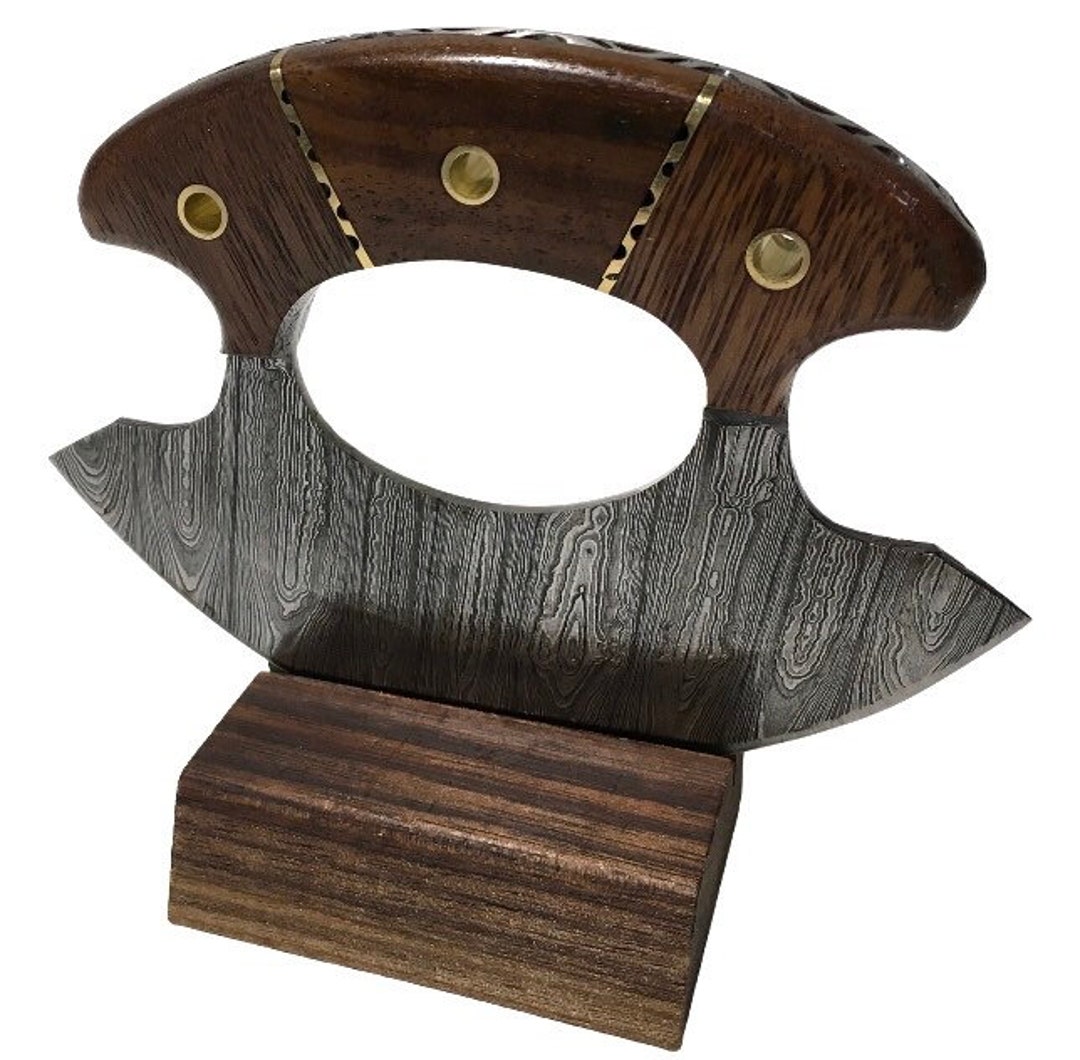 Handmade Exotic Wood Handle Medium Ulu Knife Leather Sheath Damascus ...