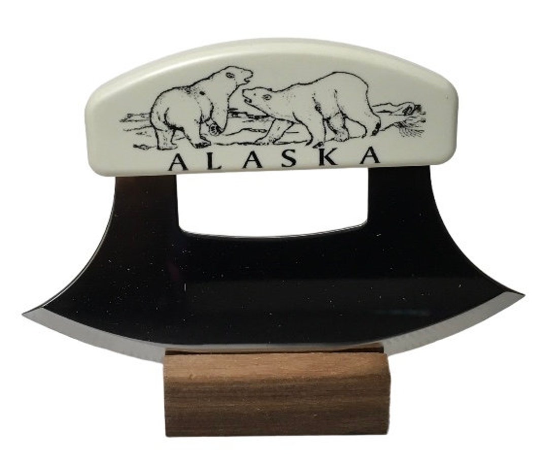 Handmade Alaska Eco Ivory Cultured Polar Bears Handle Ulu Knife & Stand ...