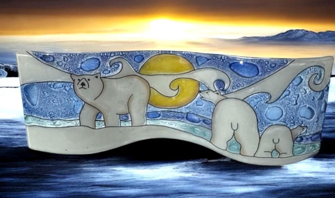 Handmade Fused Glass Wavy Glass Figure Polar Bears Land of Midnight Sun ...