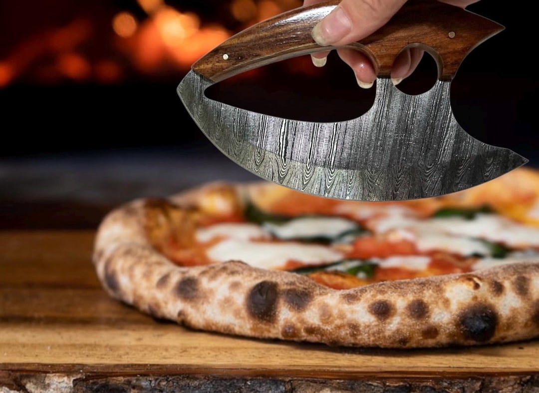 Ergonomic Damascus Ulu Mezzaluna Knife Pizza Cutter Salad Chopper ...