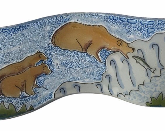 Handmade Fused Glass Wavy Glass Figure Brown Bears and Cub Salmon ...