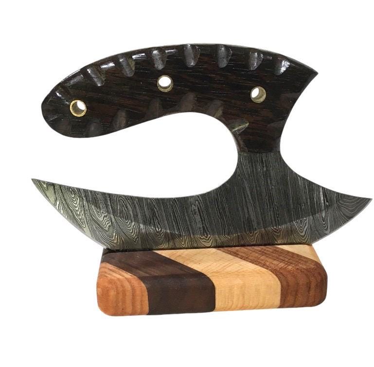 Exotic Dark Brown Twisted Wood Handle Ulu Knife 6.25 Damascus Blade W ...