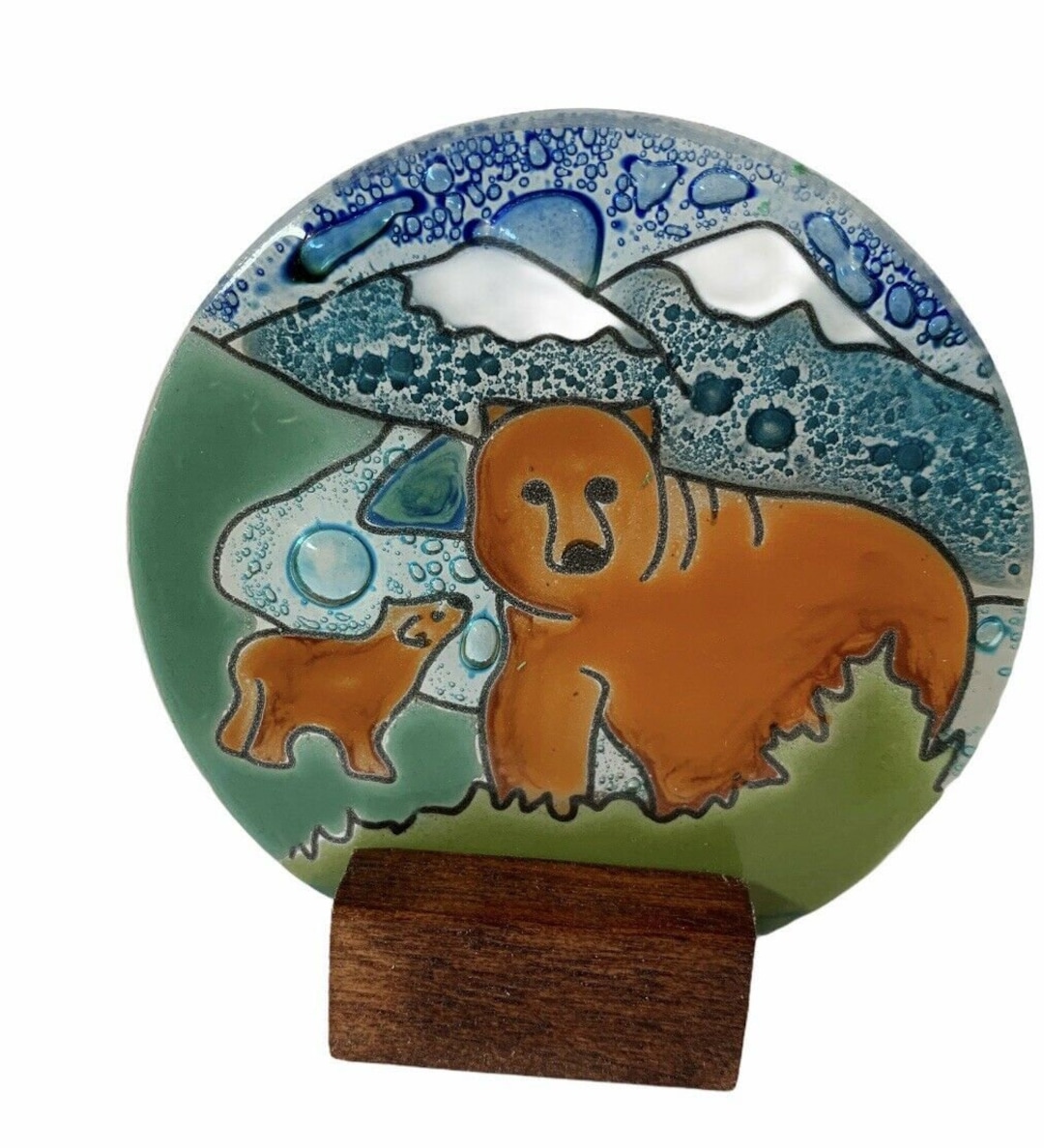 Handmade Fused Glass Disk Figure Suncatcher Brown Bear and Cub Wood ...