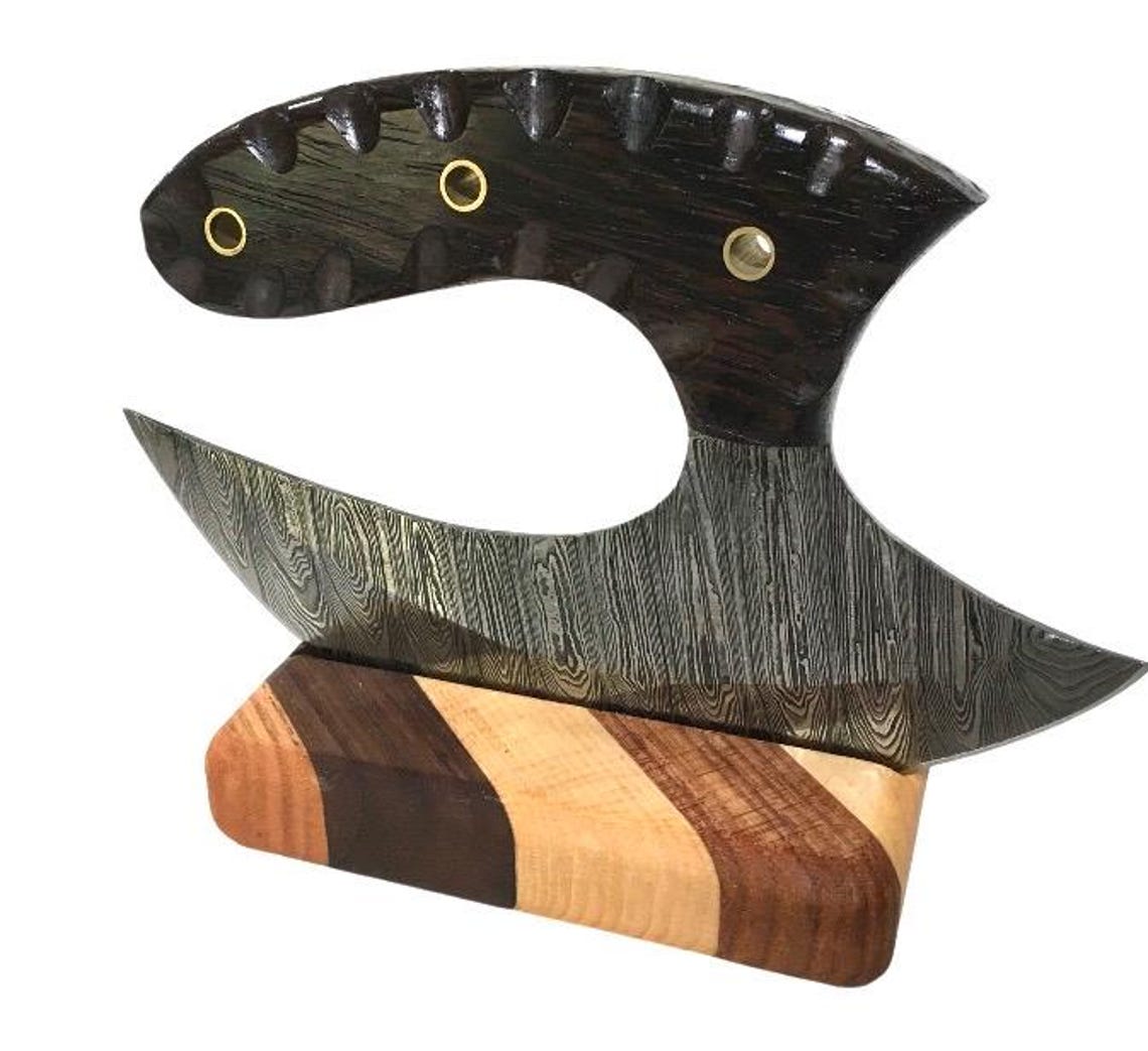 Exotic Dark Brown Twisted Wood Handle Ulu Knife 6.25 Damascus Blade W ...