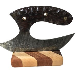 Exotic Dark Brown Twisted Wood Handle Ulu Knife 6.25 Damascus Blade W ...