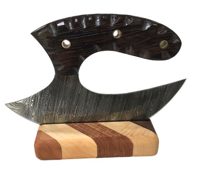 Exotic Dark Brown Twisted Wood Handle Ulu Knife 6.25 Damascus Blade W ...