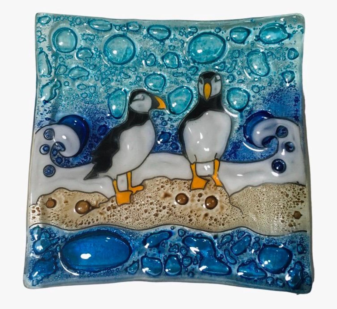Handcrafted Fused Glass Square Dish Puffin Birds 5” 3D Bubbles - Etsy UK