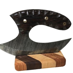 Exotic Dark Brown Twisted Wood Handle Ulu Knife 6.25 Damascus Blade W ...