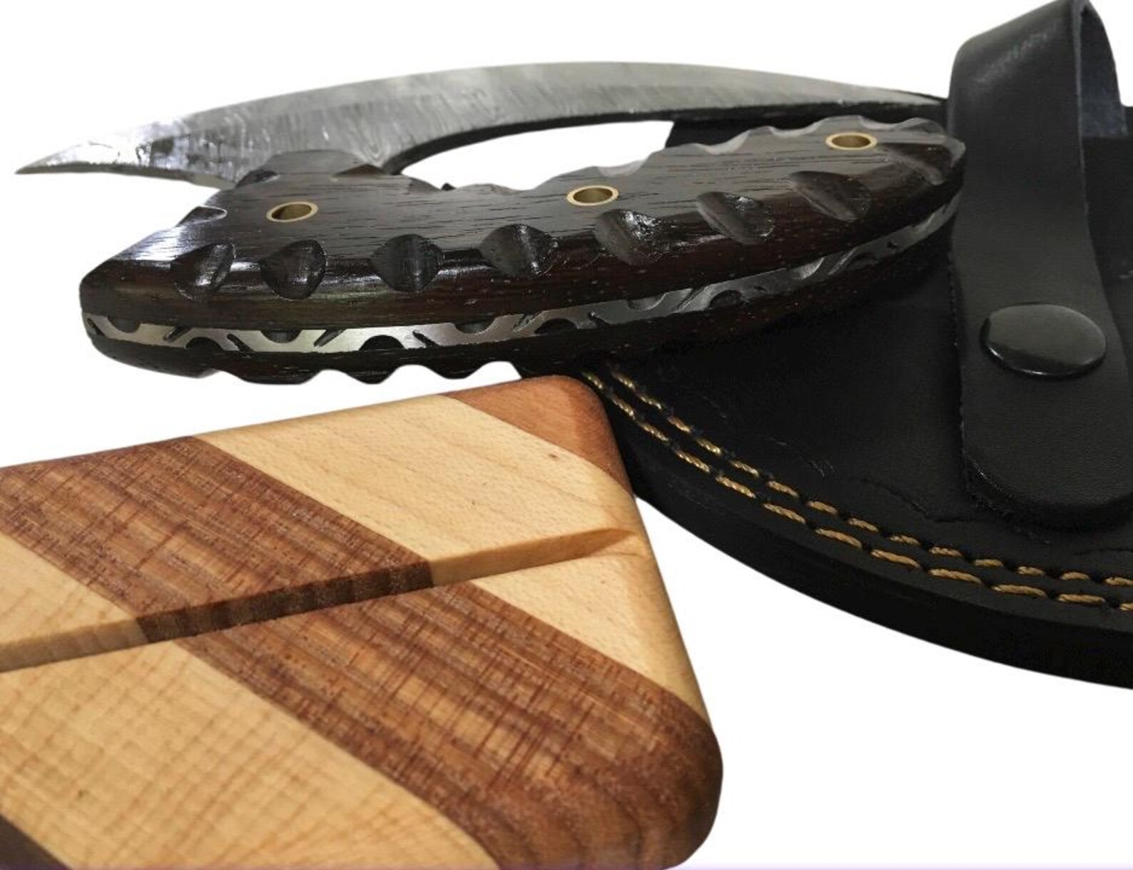 Exotic Dark Brown Twisted Wood Handle Ulu Knife 6.25 Damascus Blade W ...