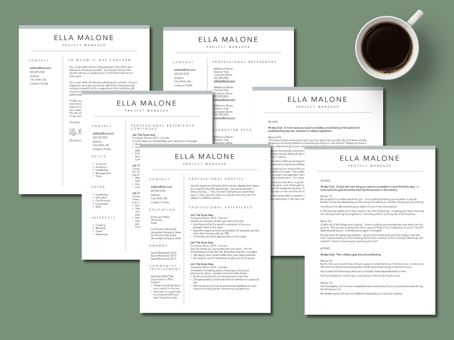 Resume Template Bundle: Cover Letter, References, 30-60-90 Day Plan ...