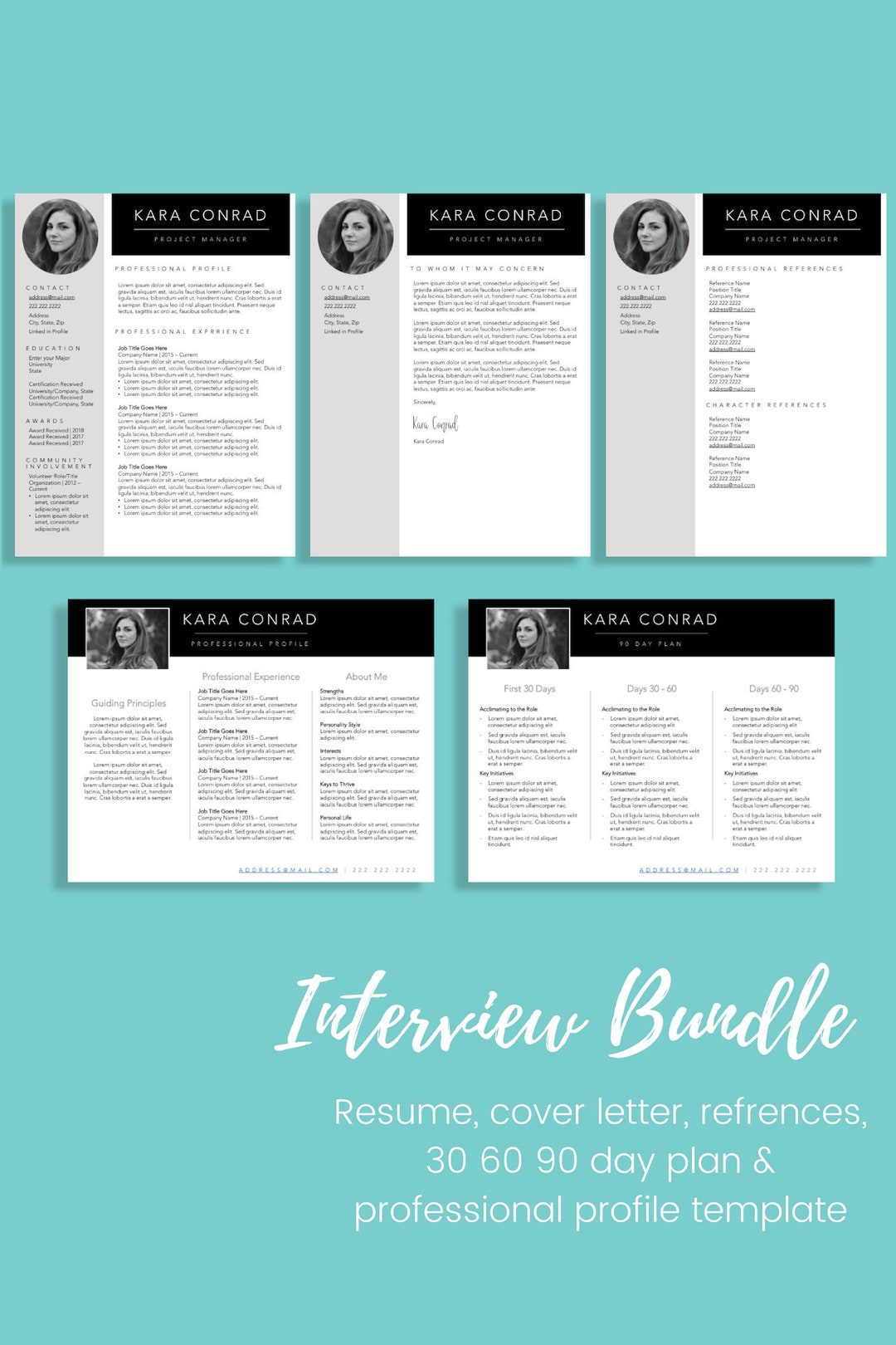 Interview Template Bundle: Resume, Cover Letter, References, 30 60 90 ...