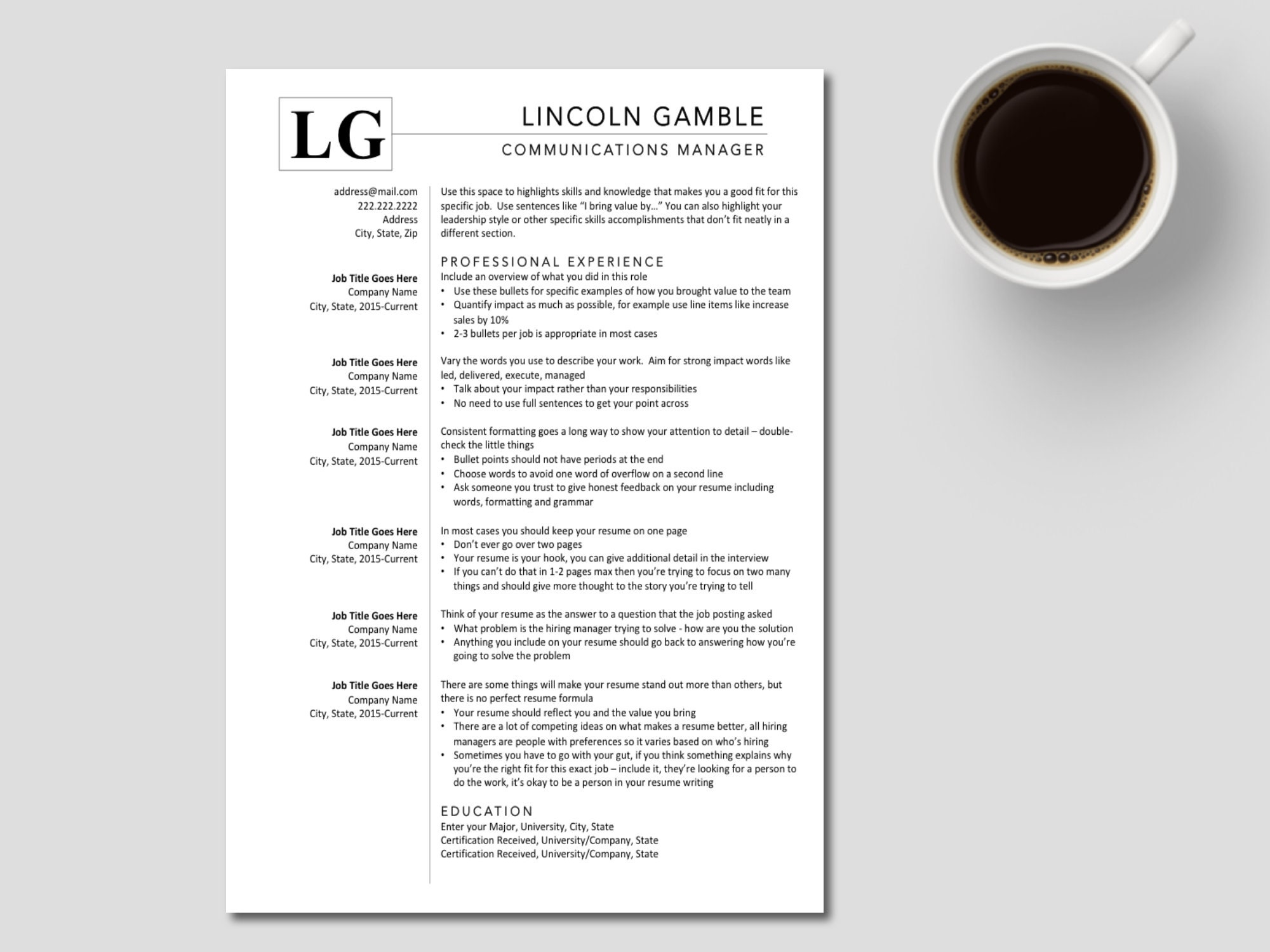 Clean Executive Level Resume Template | Simple One Page CV Design ...