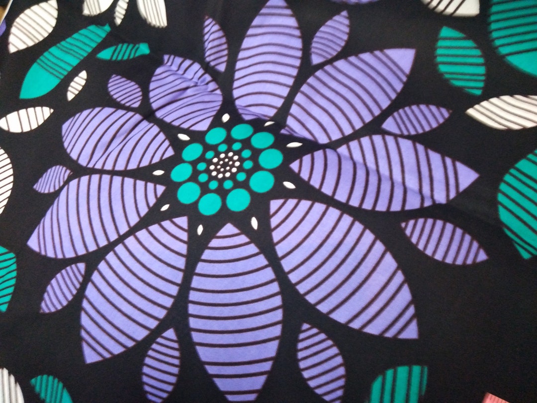 African Floral Print Fabric in Dark Lavender, Ggreen, White on Black ...